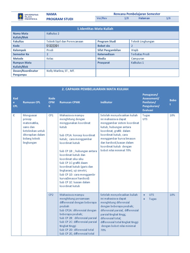 RPS Kalkulus 2 1 (Genap 16 - 17) | PDF