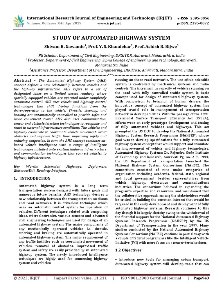 Study of Automated Highway System: International Research Journal of Engineering and Technology ...