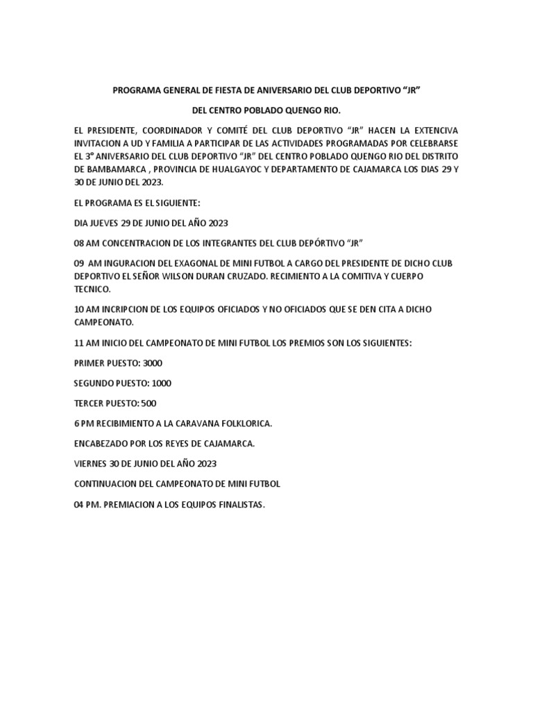 Programa General de Fiesta de Aniversario Del Club Deportivo | PDF