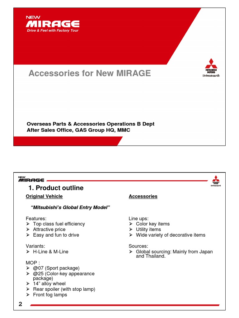 Mitsubishi Genuine Accessories MIRAGE 1 | PDF | Pricing | Motor Vehicle