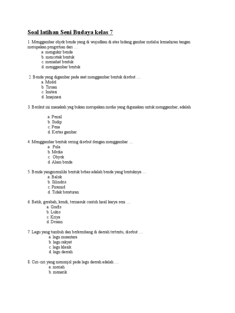 Soal Latihan Seni Budaya Kelas 7 Ganjil Pas | PDF | Seni