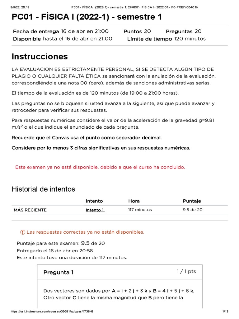 PC01 - FÍSICA I (2022-1) - Semestre 1 - 274857 - FÍSICA I - 2022-01 - FC-PREIYC04C1N | PDF ...