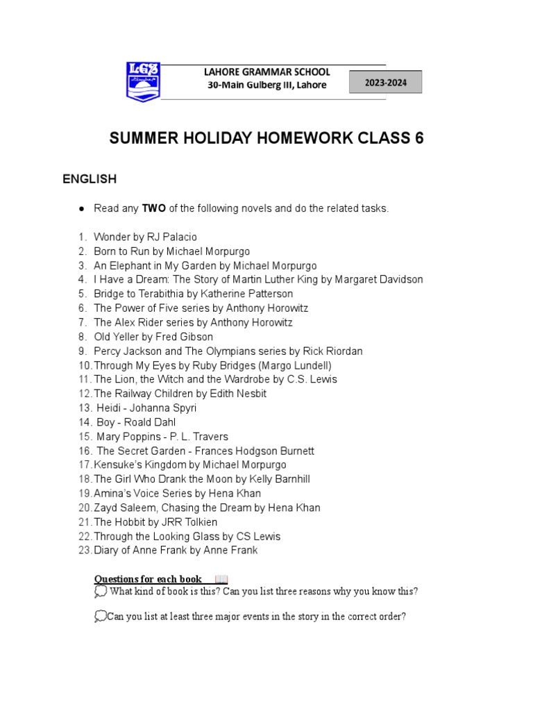 Holiday Homework - Class 6 | PDF
