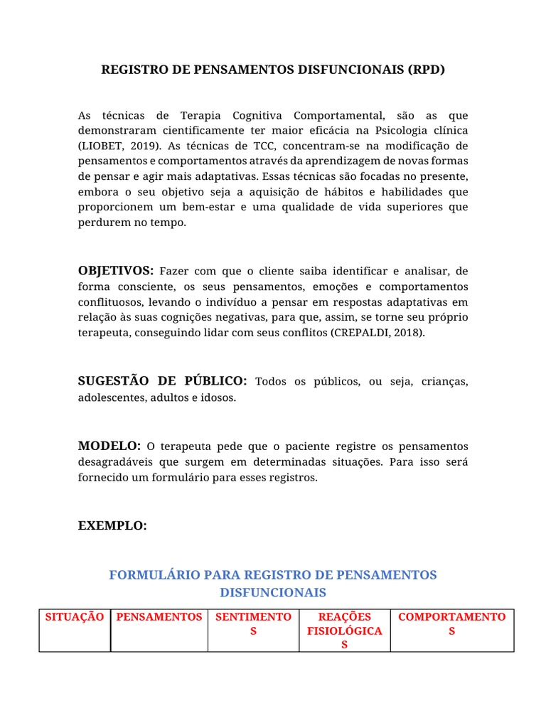 RPD - Registro de Pensamento Disfuncional | PDF