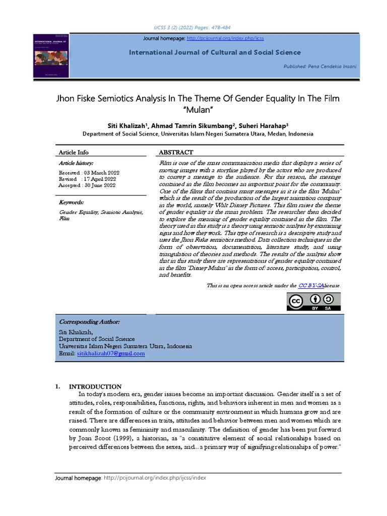 Jhon Fiske Semiotics Analysis In The Theme Of Gender Equality In The Film Mulan Pdf Gender