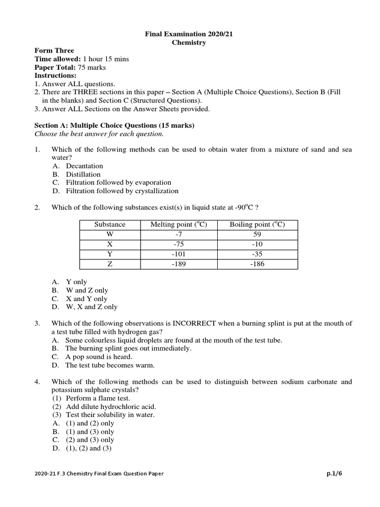 2021 F.3 Final Exam | PDF | Chlorine | Chemical Elements