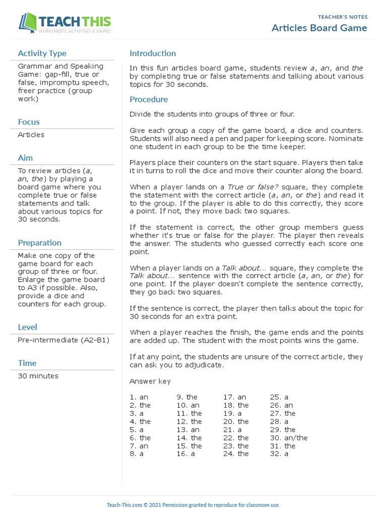 Articles Board Game ANSWERS | PDF