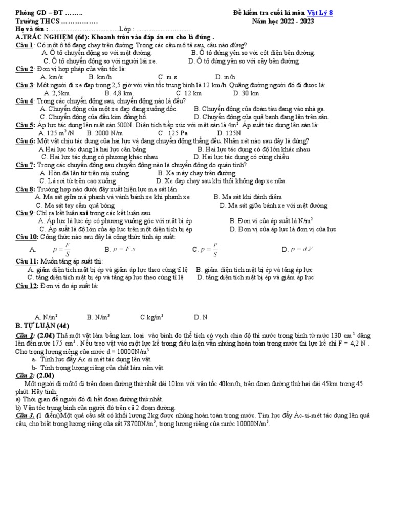 Ktra cuối kì I Lý 8 | PDF