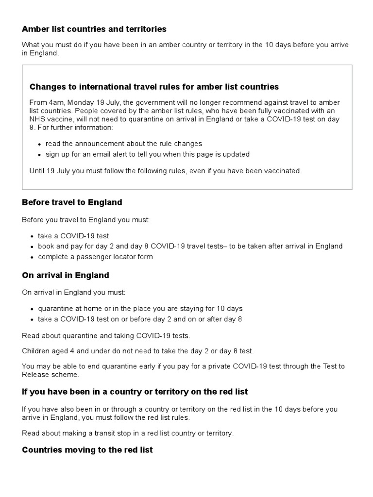 Red, Amber and Green List Rules For Entering England - GOV - UK | PDF ...