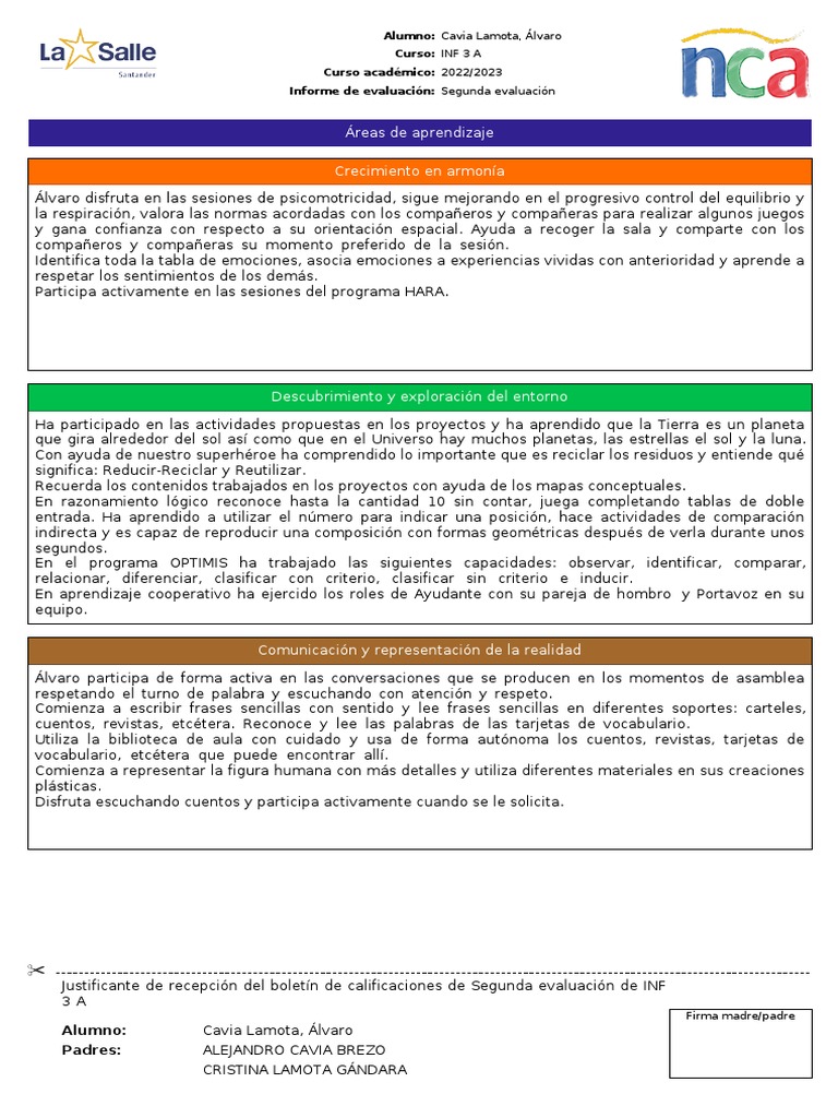 Áreas de Aprendizaje Crecimiento en Armonía: Alumno: Curso: Curso Académico: Informe de ...