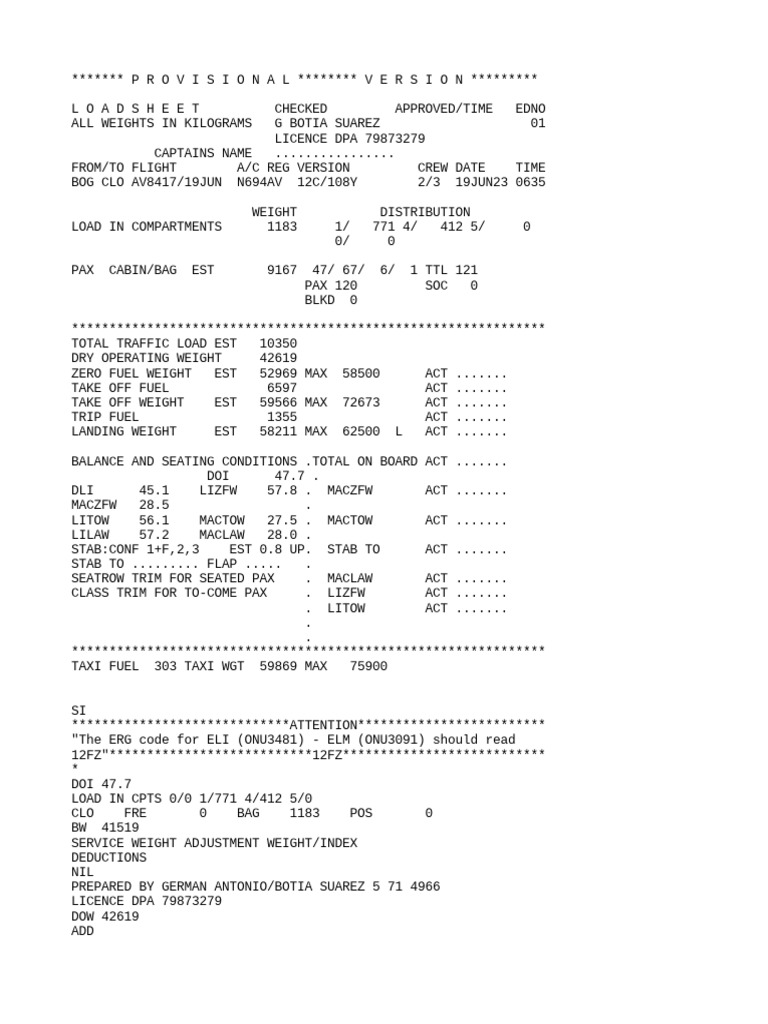 AV8417 19JUN BOGCLO - Provisional Loadsheet Edno 1 | PDF | Aviation | Transport