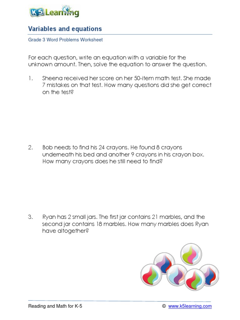 Grade 3 Word Problems Write Equation Variable Own F | PDF