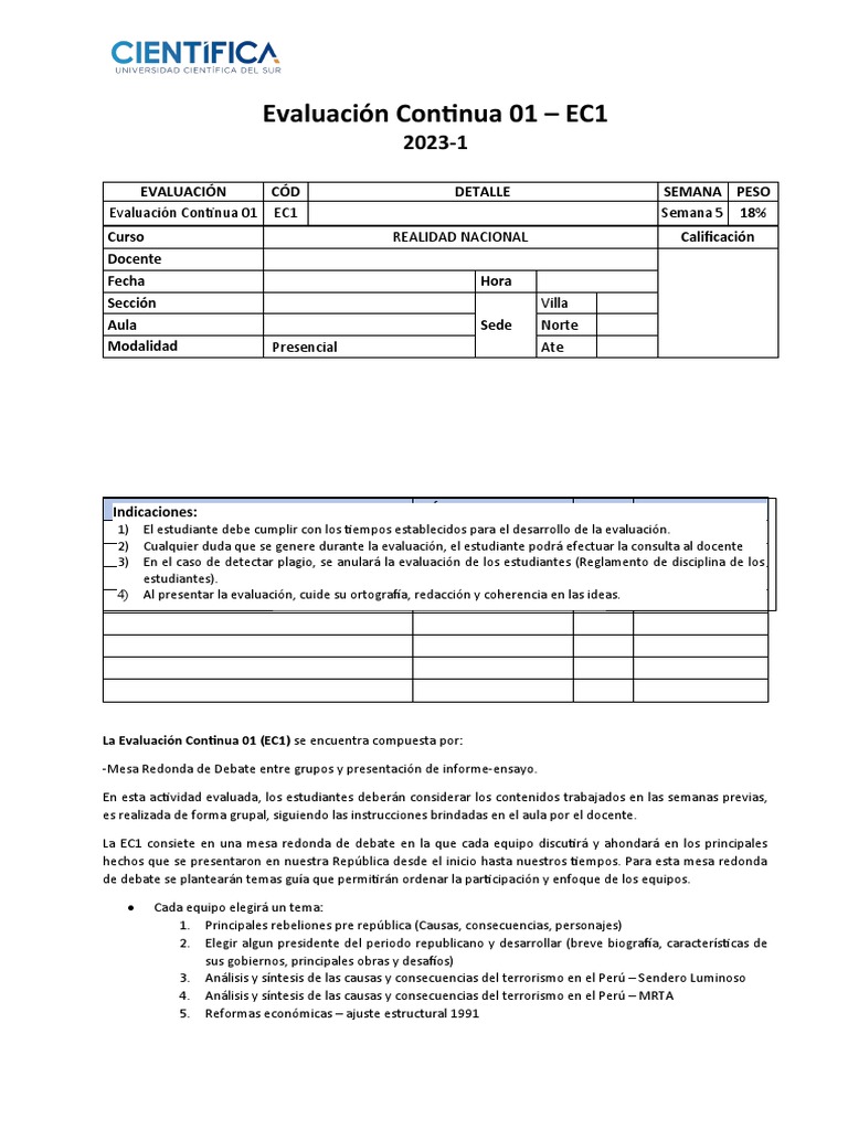 Realidad Nacional - Evaluaciones - EC1 2023-1 | PDF