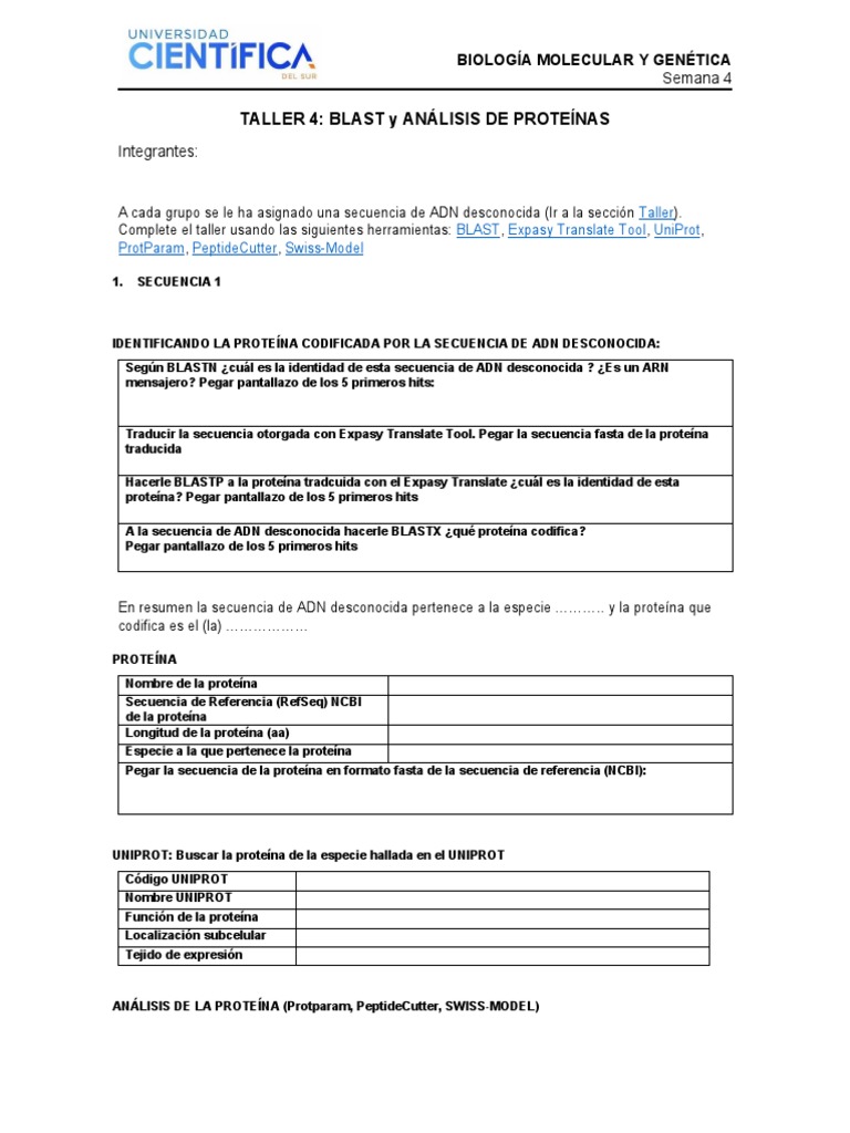 Taller 4 - BLAST y PROTEINAS (TRANSLATE, PROTPARAM, PEPTIDECUTTER ...