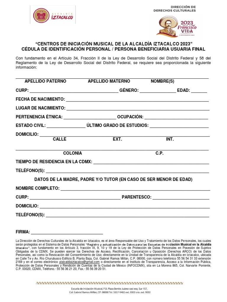 Cédula Persona Beneficiaria Usuaria Final Del P.S Centros de Iniciación Musical | PDF | Gobierno