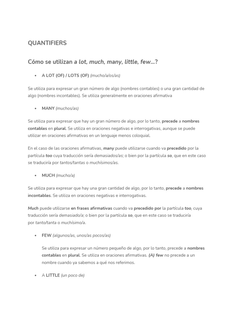 Ejemplos de cuantificadores en español | PDF | Crecimiento personal y ...