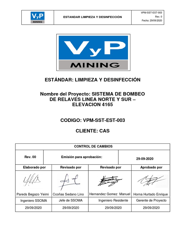 Anexo #04 VPM-SST-EST-003 Limpieza y Desinfección Rev 0 | PDF