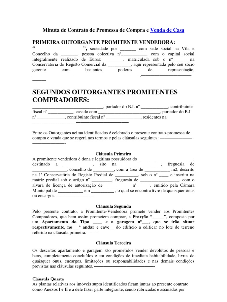 Minuta de Contrato de Promessa de Compra e Venda de Casa | Instituições ...