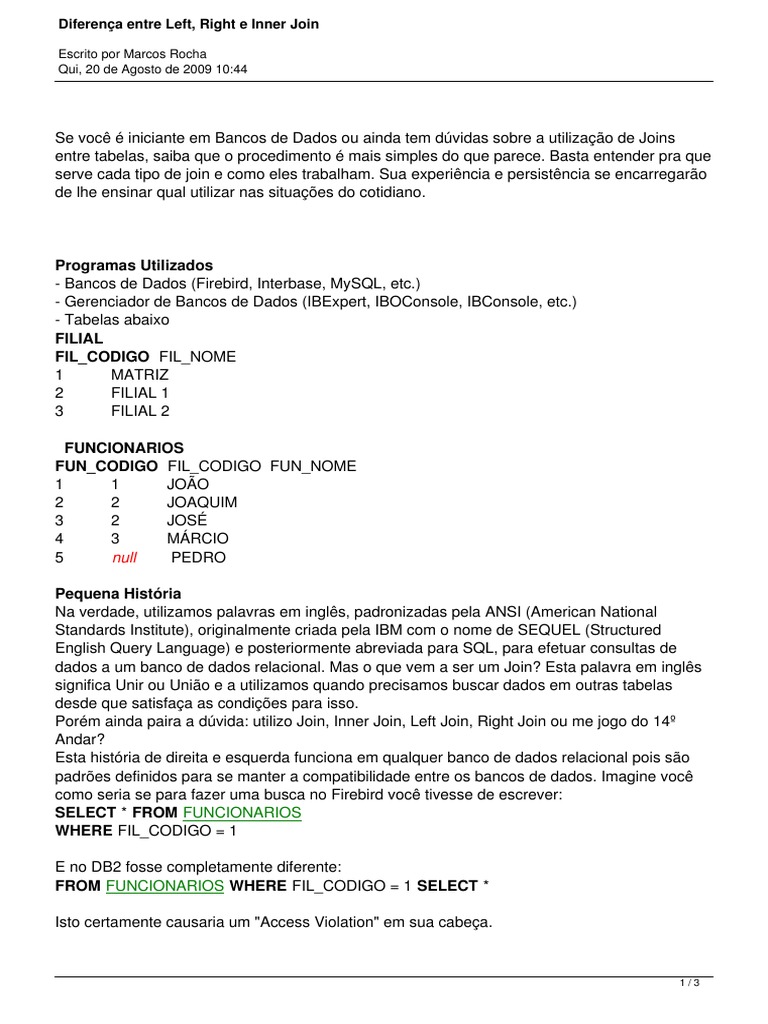Diferenca Entre Left Right e Inner Join | PDF | SQL | Dados de computador