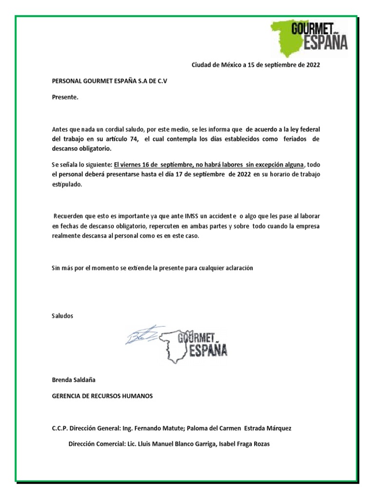 Comunicado Festivo 16 DE SEPTIEMBRE 2022 | PDF