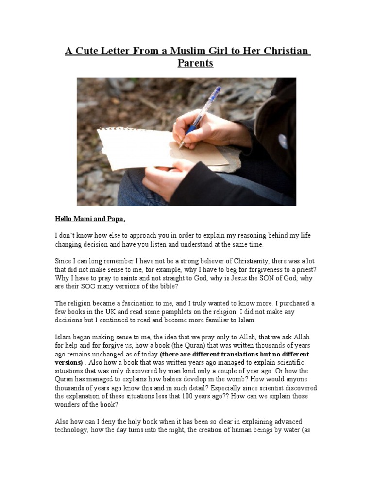 A Cute Letter From A Muslim Girl To Her Christian Parents | PDF ...