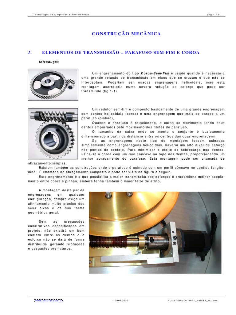 CONSTRUÇÃO MECÂNICA - ELEMENTOS DE TRANSMISSAO - PARAFUSO ROSCA SEM FIM ...