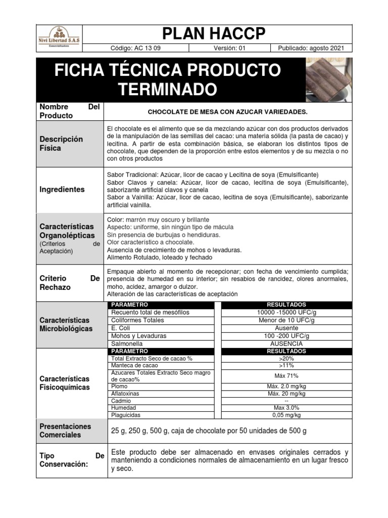 Ficha Técnica Pdto Tdo | PDF | Chocolate | Alimentos