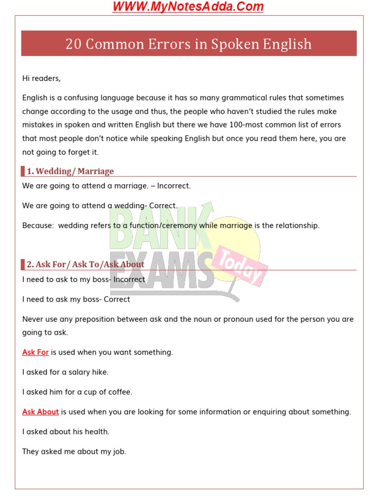20 Common Errors in Spoken English | PDF