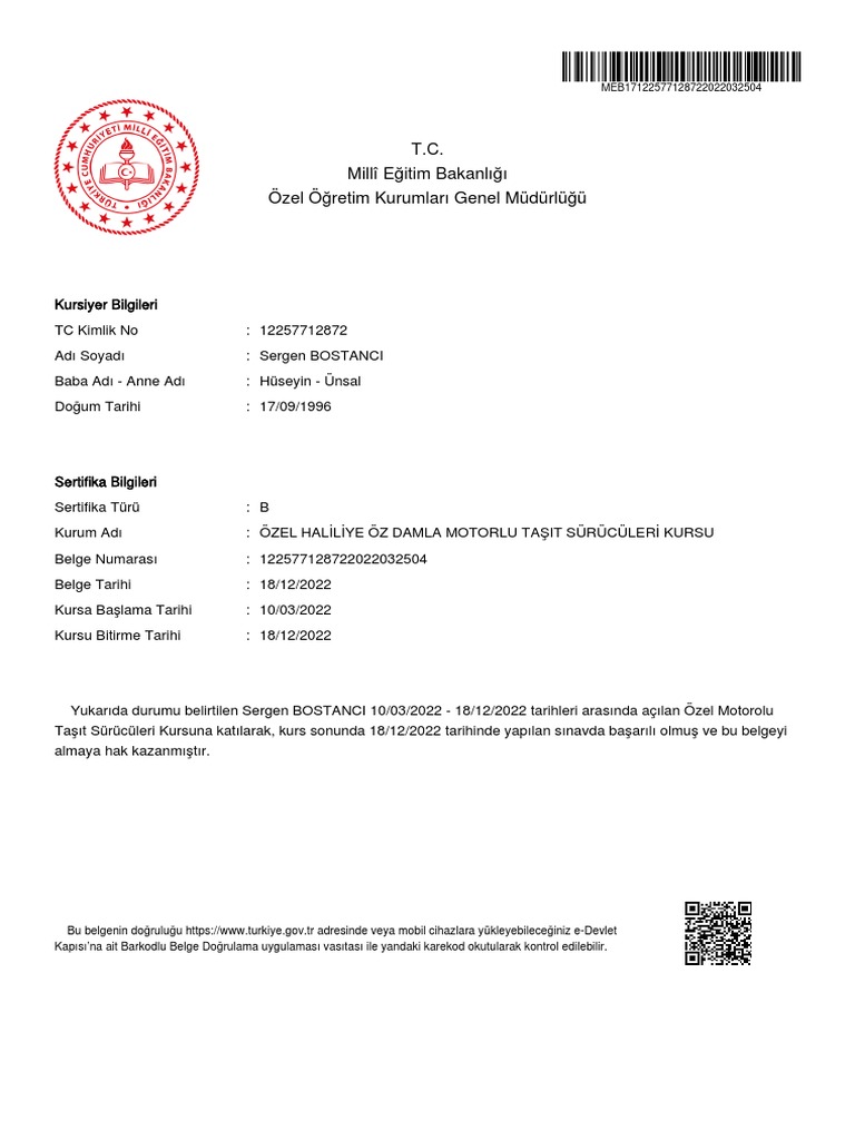 Milli Egitim Motorlu Tasit Surucu Sertifikasi Sorgulama | PDF
