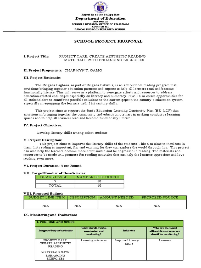 Project Care School Project Proposal 1 | Download Free PDF | Literacy ...