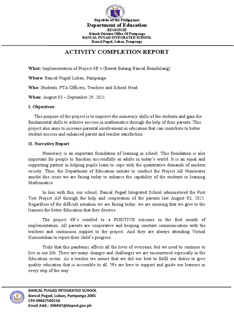 Project 4Bs Bawat Batang Bancal Bumibilang ACR | PDF | Teachers | Cognition