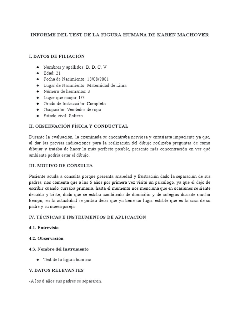 Informe Del Test de La Figura Humana de Karen Machover | PDF ...