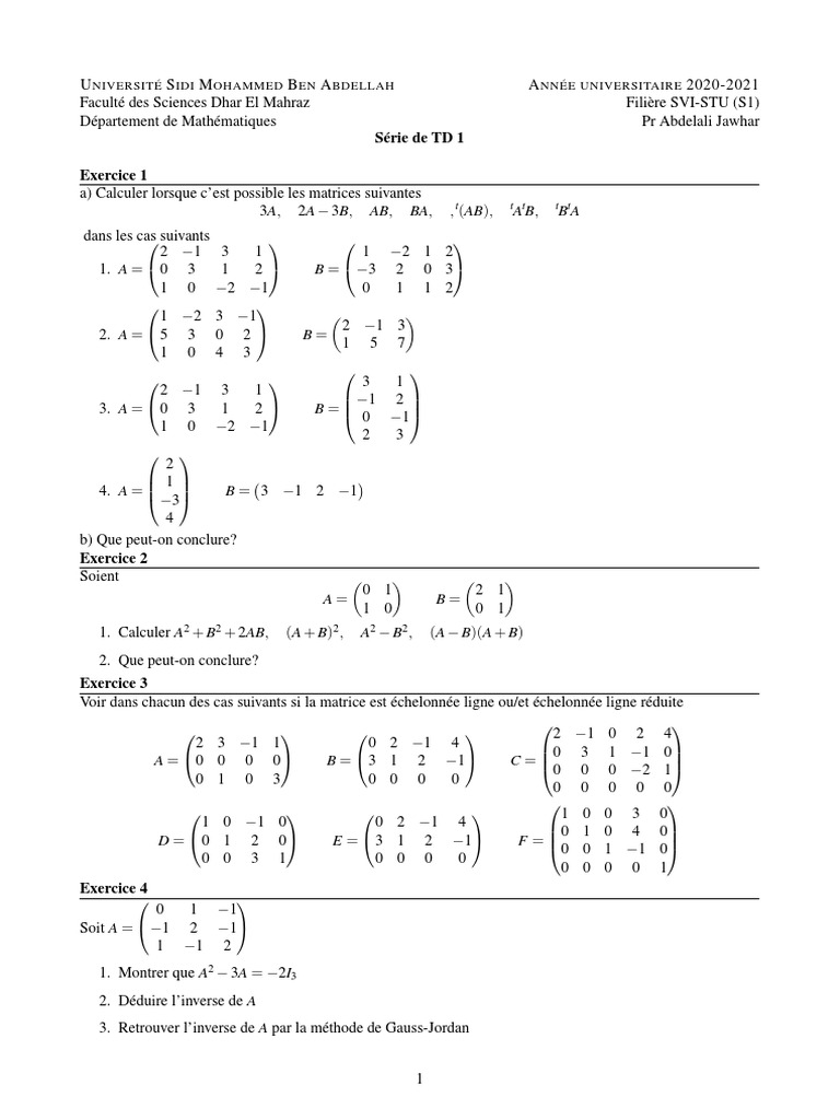 Exercices de Matrices et Calculs Associés | PDF | Algèbre linéaire | Algèbre