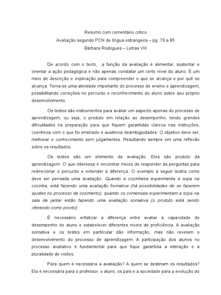Resumo Crítico - Docx PCN Avaliação | PDF | Aprendizado | Conhecimento