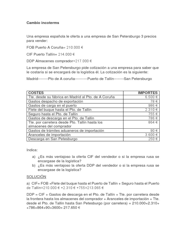 Ejercicios Cálculo Incoterms 2020 | PDF