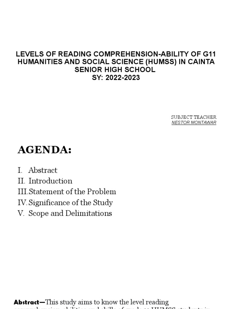 Levels of Reading Comprehension-Ability of G11 Humanities and Social Science (Humss) in Cainta ...