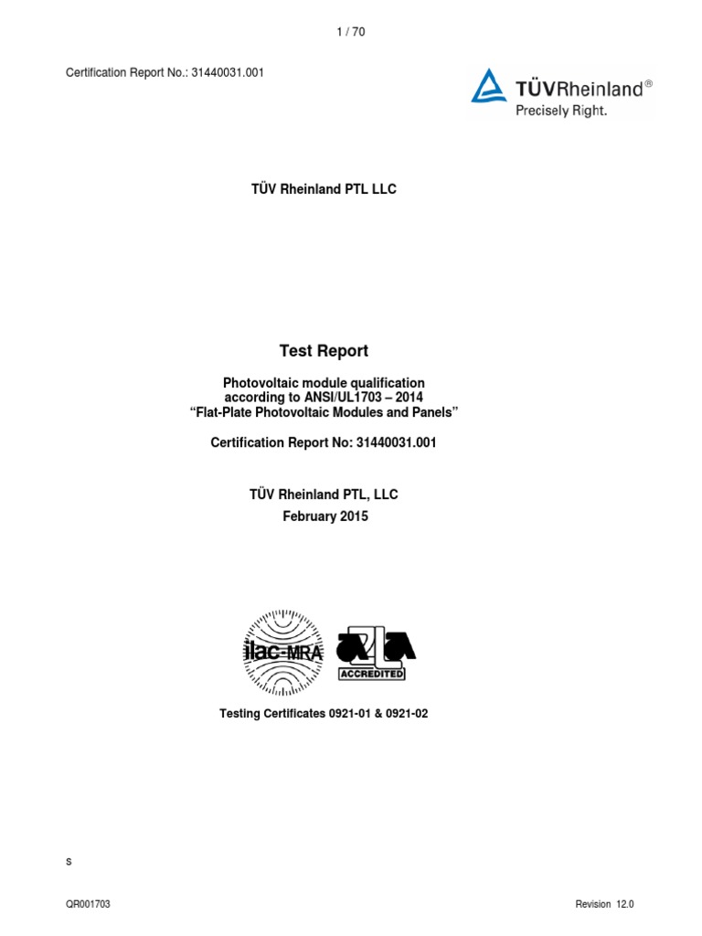 UL 1703 Photovoltaic Module Report | PDF | Electrical Resistance And ...