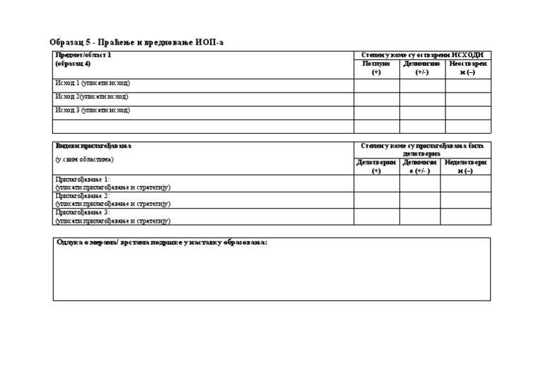 Obrazac 5 Pracenje I Vrednovanje Iop A | PDF