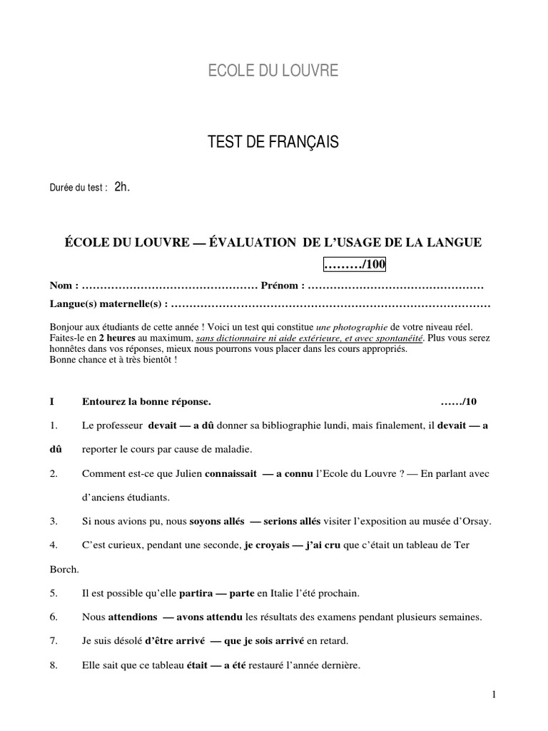 Test de Français - Ecole Du Louvre | PDF | Arts du langage et ...