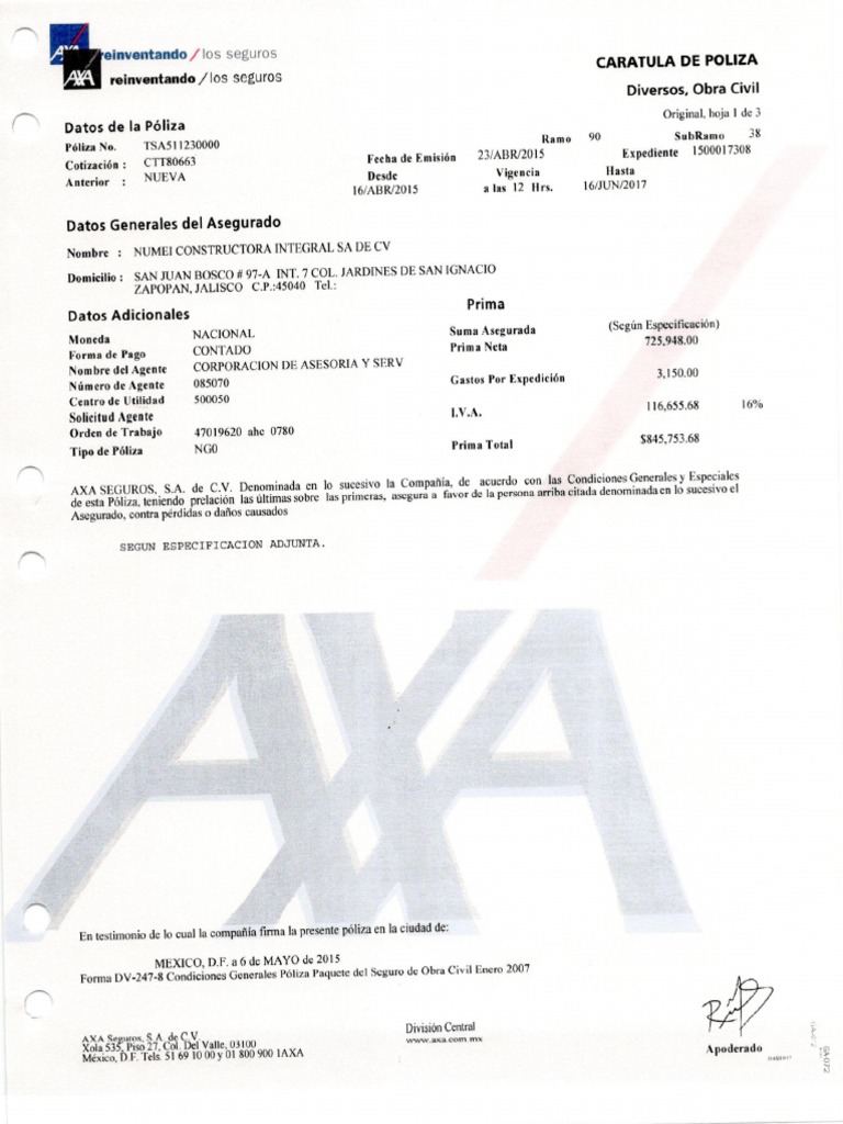 Poliza Seguro de Obra Axxa Tsa511230000 | PDF