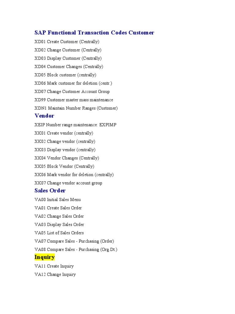 SAP Functional Transaction Codes Customer | PDF | Electronic Data ...