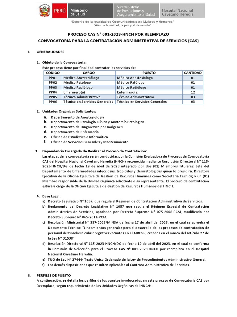 Bases Del Proceso Cas 001-2023-Hnch v2 | PDF | Hospital | Enfermería