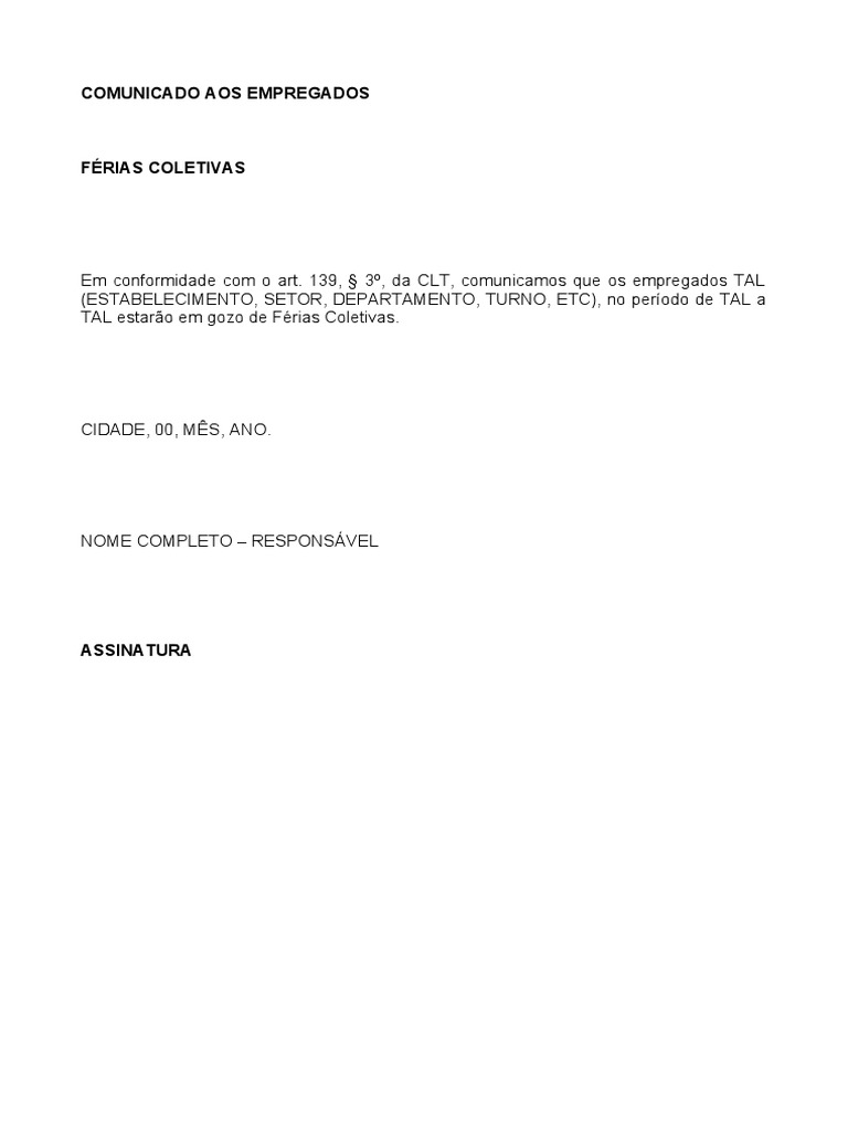 Modelo de Aviso de Férias Coletivas | PDF