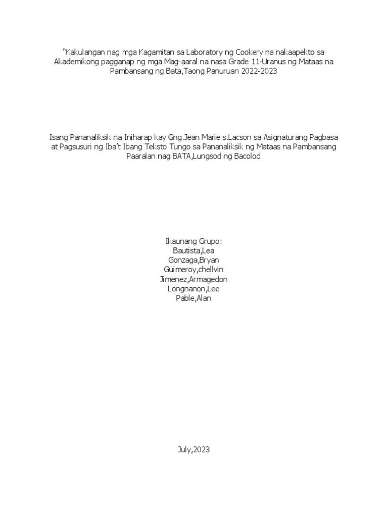 Kakulangan nag mga Kagamitan sa Laboratory ng Cookery na nakaapekto sa ...