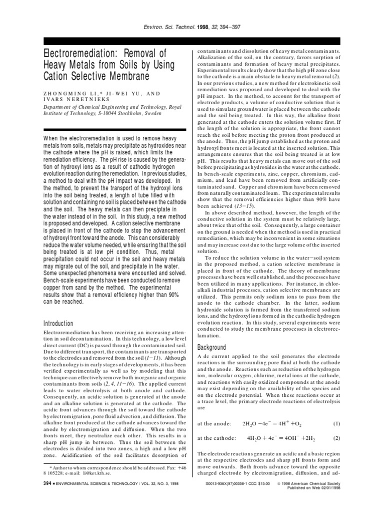 Electroremediation Removal of Heavy Metals From Soils by Using Cation ...