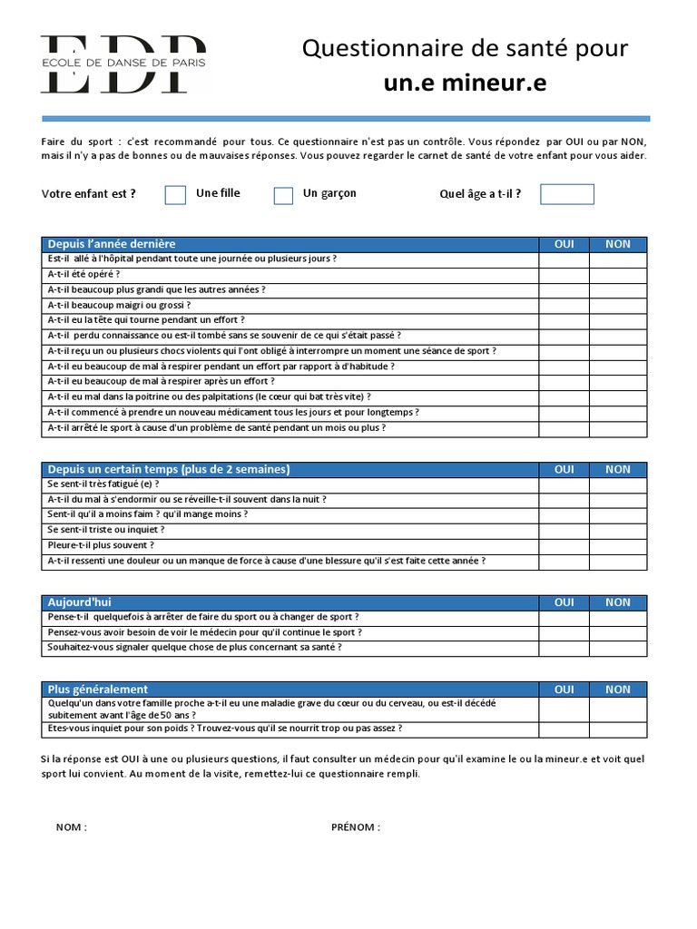 Questionnaire Santé Jeune Sportif | PDF | Médecine | Médecine clinique
