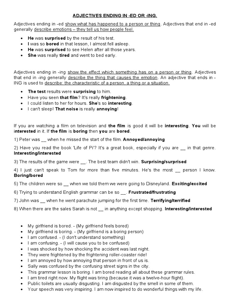ADJECTIVES ENDING IN Ing and Ed | PDF | Language Arts & Discipline