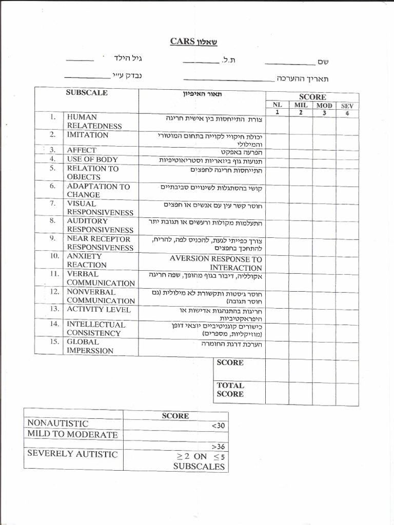CARS Questionnaire - Hebrew Version | PDF