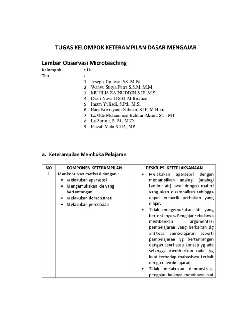 Tugas Kelompok 10, KDM Lembar Observasi Membuka Dan Menjelaskan Pelajaran | PDF