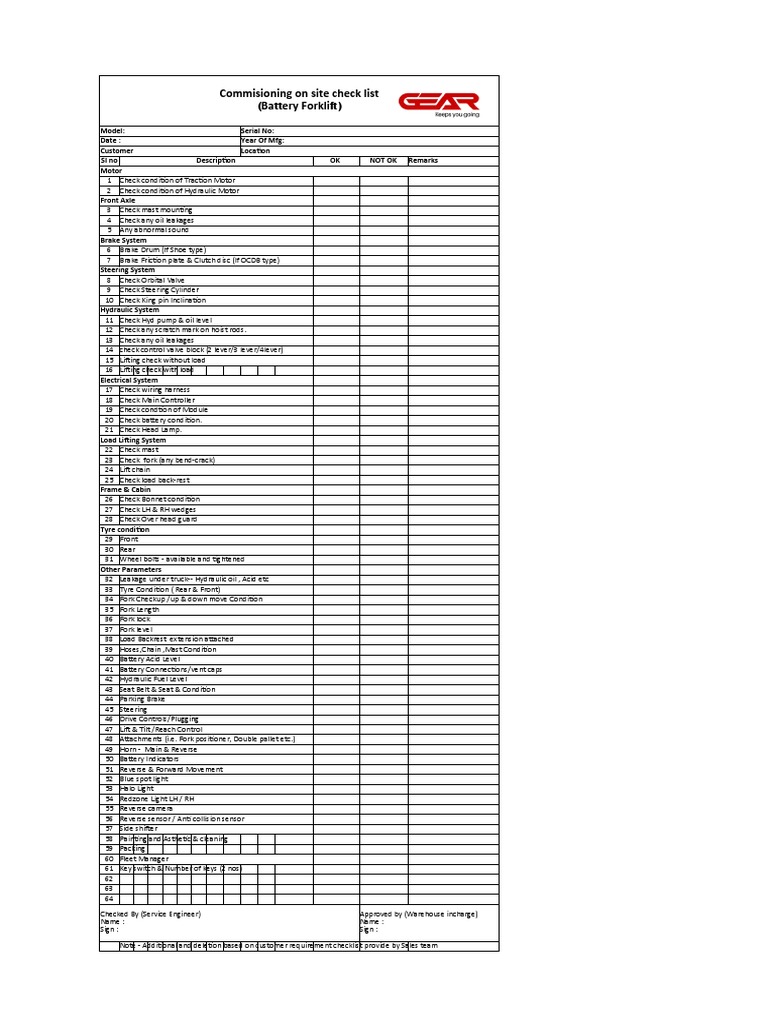 Misioning On Site Check List - Final | PDF | Brake | Steering